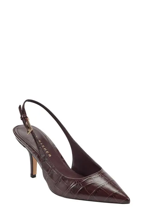 Marc Fisher Dorie Slingback Pointed Toe Pumps - Dark Brown/croc Embossed