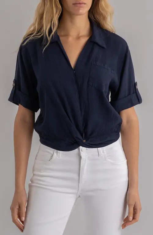 Kut From The Kloth Rebel Knot Front Linen Blend Top - Navy Jm