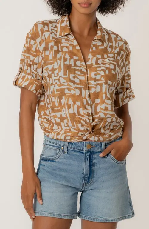 Kut From The Kloth Printed Knot-front Linen Blend Top - Cambridge Wood