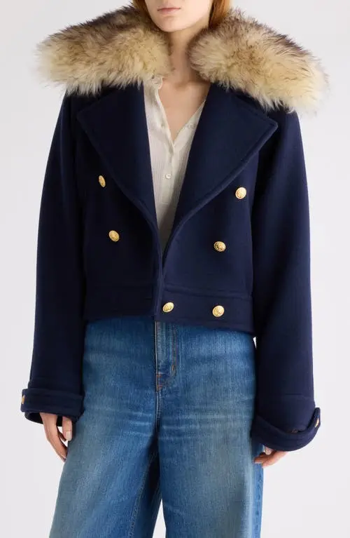 Chloé Crop Double-breasted Coat With Shearling Collar - Evening Blue