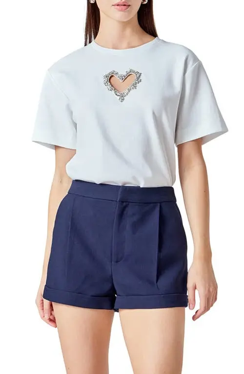Endless Rose Rhinestone Heart Cutout Relaxed Fit T-shirt - White