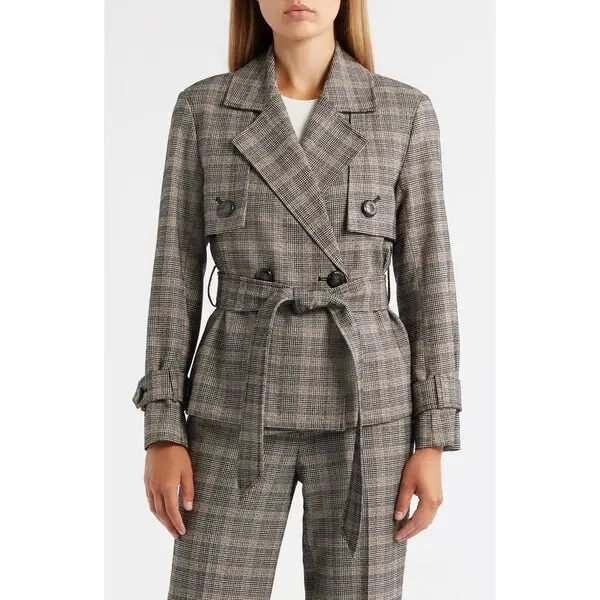 Anne Klein Plaid Belted Short Trench Coat