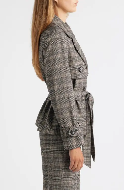 Anne Klein Plaid Belted Short Trench Coat