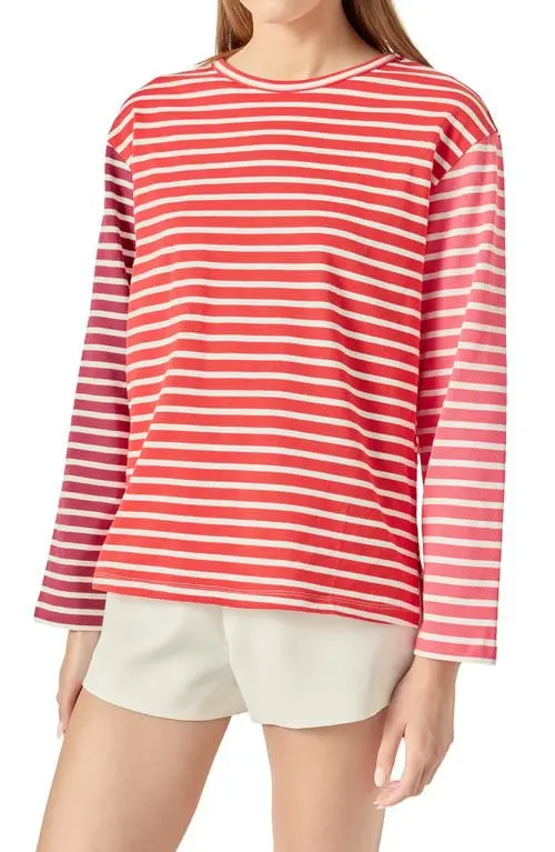 English Factory Colorblock Striped Long Sleeve Cotton T-shirt - Red Multi