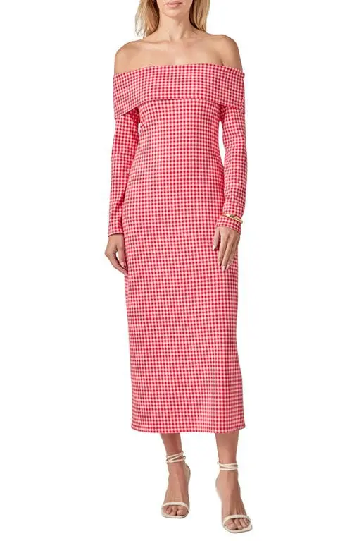 English Factory Gingham Off-the-shoulder Midi Dress - Red