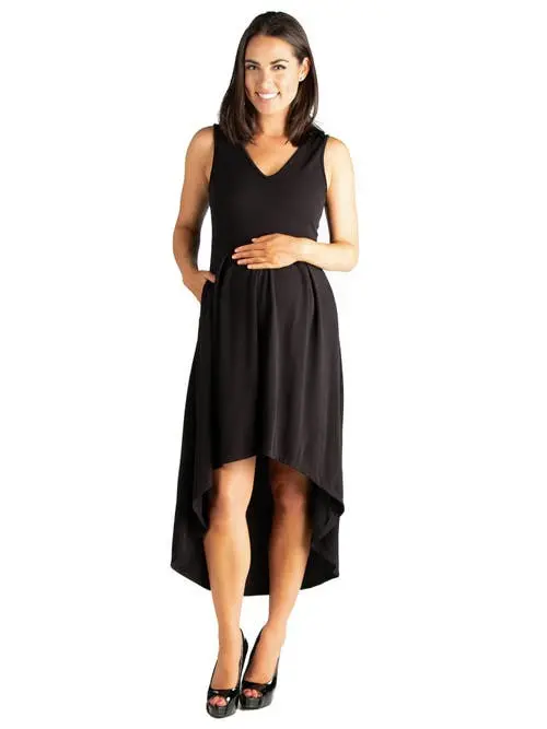 24SEVEN COMFORT APPAREL Maternity Fit And Flare High Low Dress - Black
