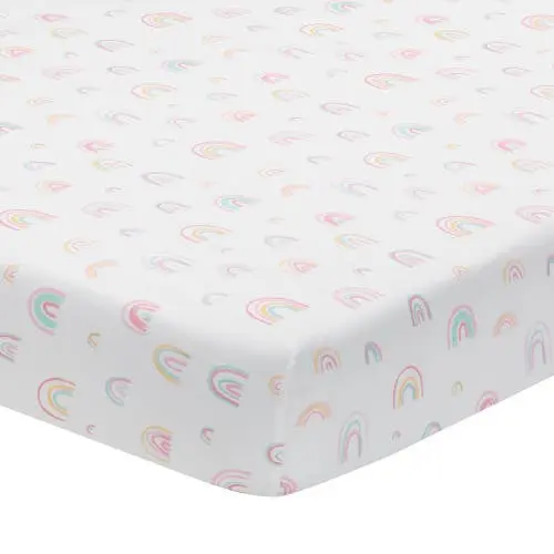 LAMBS & IVY Watercolor Pastel Rainbow 100% Cotton Baby Fitted Crib Sheet - White Multi