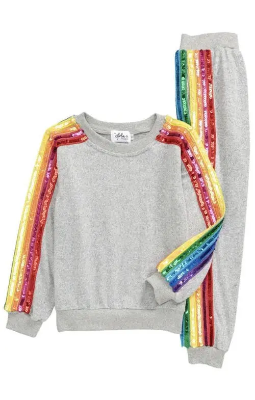 LOLA + THE BOYS Sequin Striped Tracksuit Set - Grey