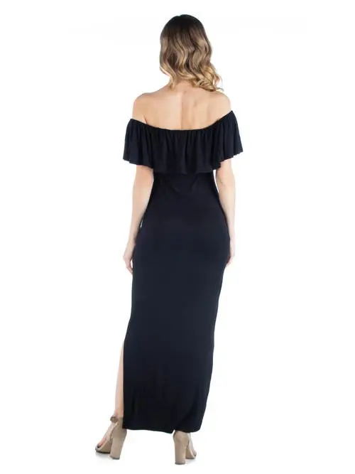 24SEVEN COMFORT APPAREL Maternity Off Shoulder Maxi Dress With Ruffle Detail - Black