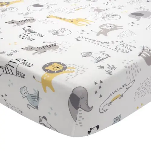 LAMBS & IVY Animal Jungle Soft 100% Cotton Jersey Baby Fitted Crib Sheet - White Multi