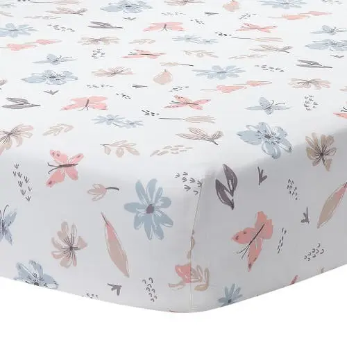LAMBS & IVY Baby Blooms Watercolor Floral/butterfly Cotton Fitted Crib Sheet - Cream