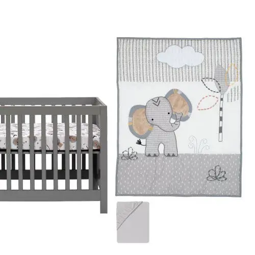 LAMBS & IVY Jungle Safari Elephant 3-piece Mini Crib Bedding Set - Gray