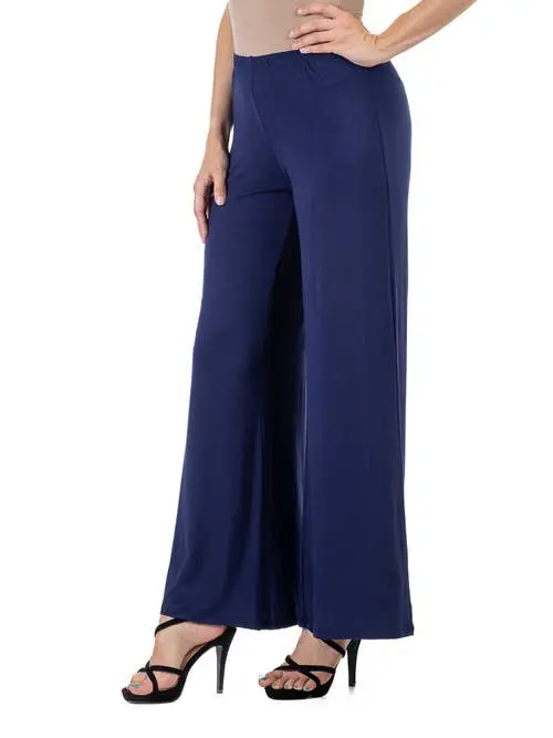 24SEVEN COMFORT APPAREL Petite Solid Color Palazzo Pants - Navy