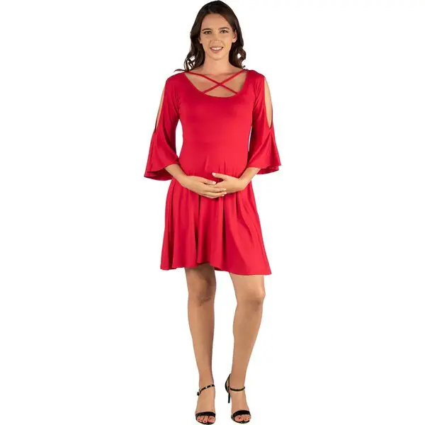 24SEVEN COMFORT APPAREL Maternity Cold Shoulder A-line Dress - Red