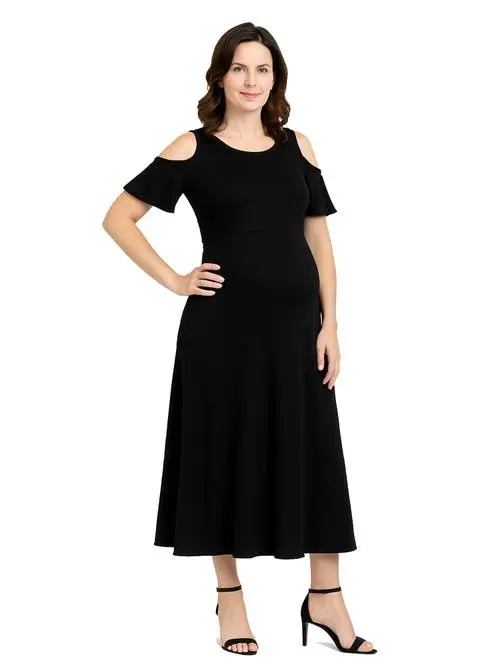 24SEVEN COMFORT APPAREL Maternity Ruffle Cold Shoulder Maxi Dress - Black