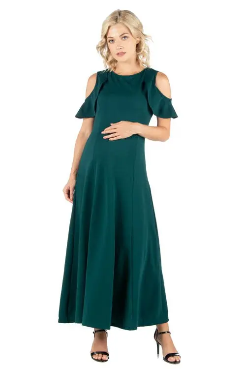 24SEVEN COMFORT APPAREL Maternity Ruffle Cold Shoulder Maxi Dress - Hunter