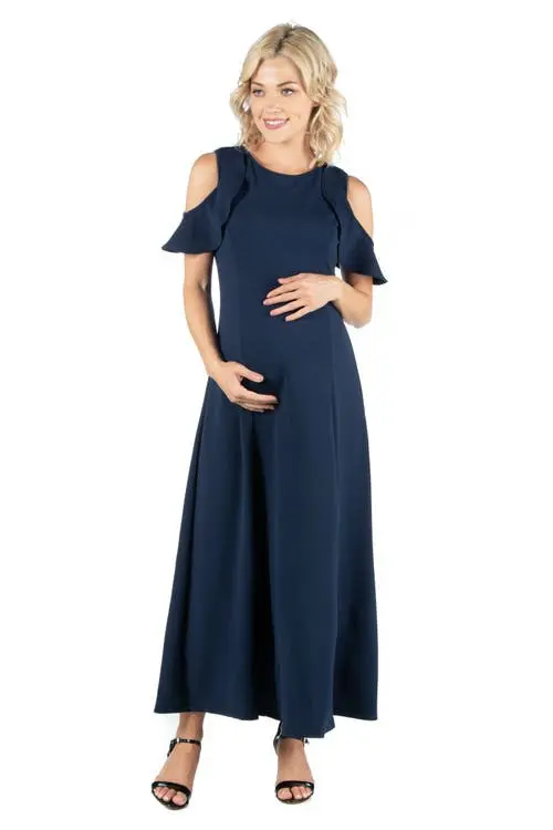 24SEVEN COMFORT APPAREL Maternity Ruffle Cold Shoulder Maxi Dress - Navy