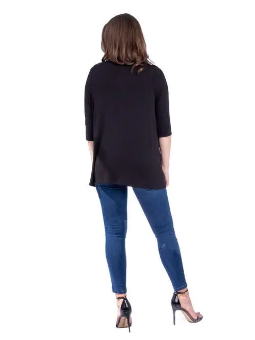 24SEVEN COMFORT APPAREL Petite Elbow Length Sleeve Open Cardigan - Black