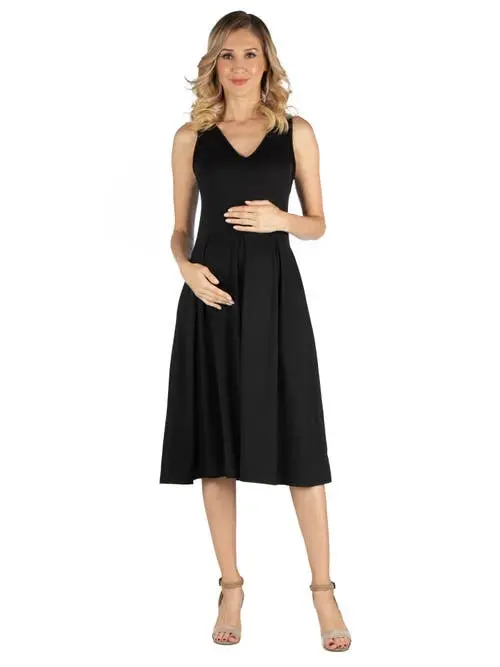 24SEVEN COMFORT APPAREL Maternity Fit And Flare Sleeveless Midi Dress With Pockets - Black