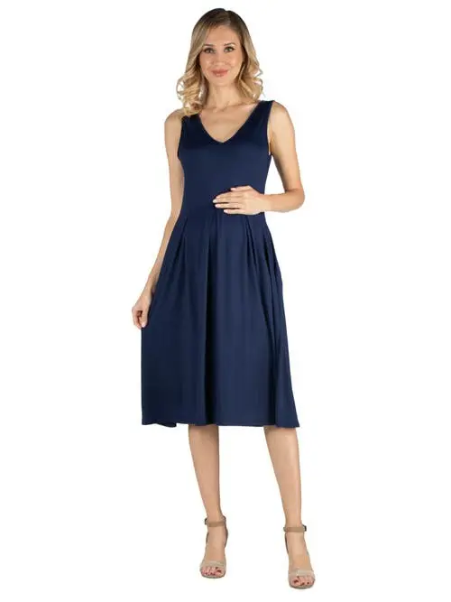 24SEVEN COMFORT APPAREL Maternity Fit And Flare Sleeveless Midi Dress With Pockets - Navy
