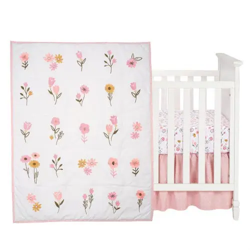 LAMBS & IVY Little Garden 3-piece Embroidered Floral Baby Crib Bedding Set - White