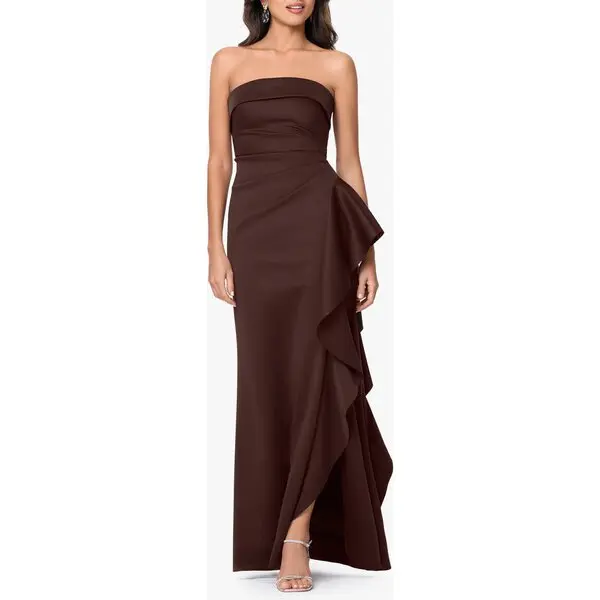 XSCAPE EVENINGS Strapless Ruffle Scuba Crepe Gown - Brown