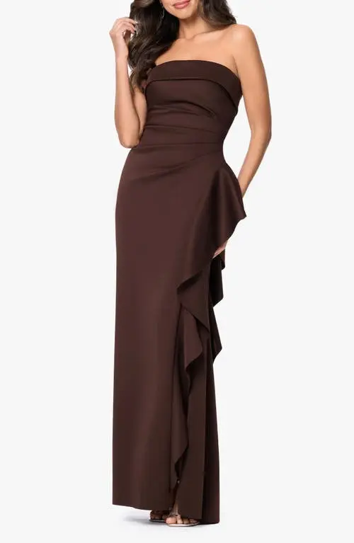 XSCAPE EVENINGS Strapless Ruffle Scuba Crepe Gown - Brown