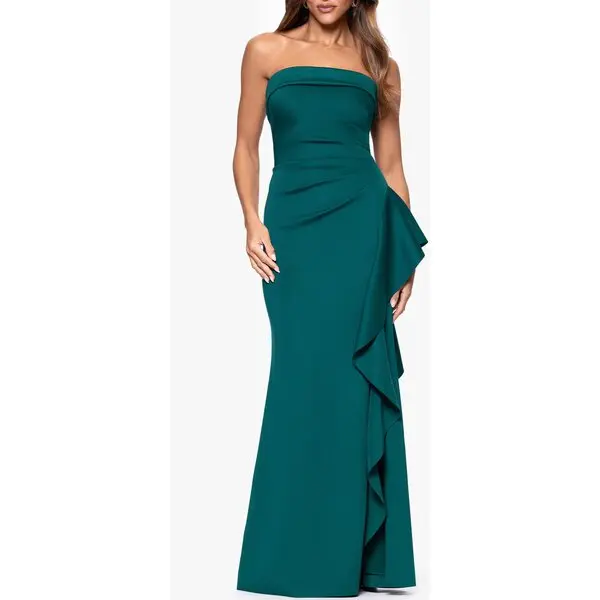 XSCAPE EVENINGS Strapless Ruffle Scuba Crepe Gown - Hunter