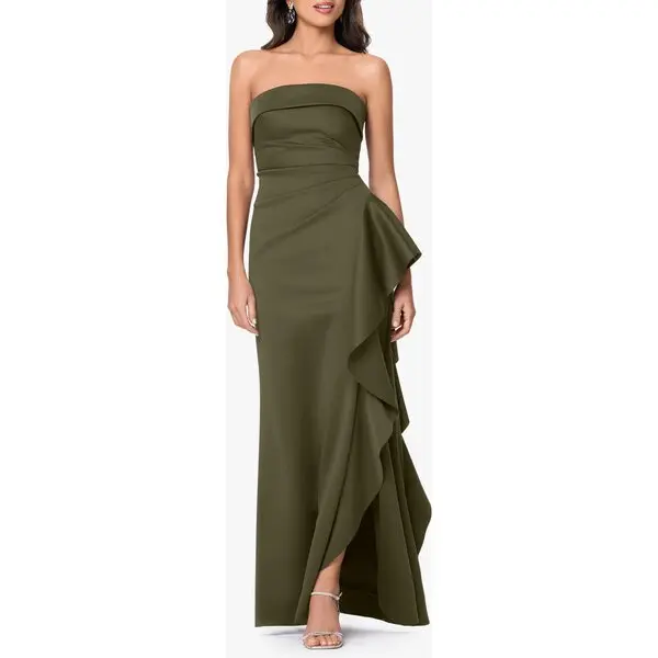 XSCAPE EVENINGS Strapless Ruffle Scuba Crepe Gown - Olive