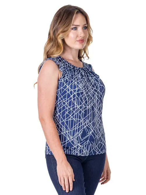 24SEVEN COMFORT APPAREL Printed Pleated Crewneck Top