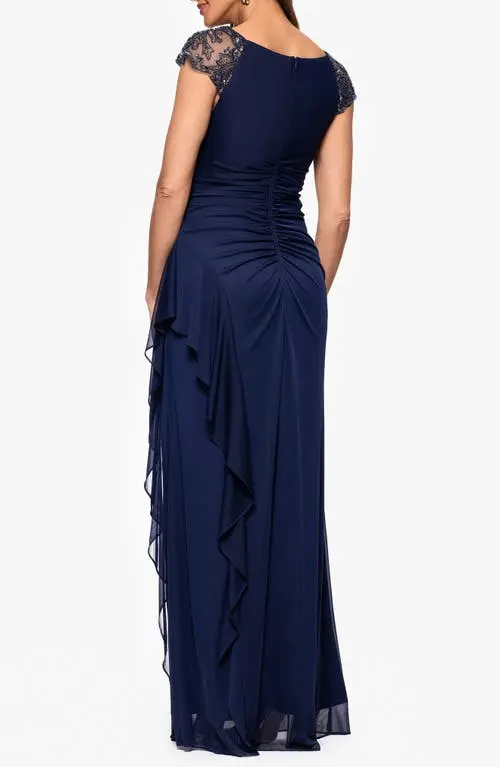 XSCAPE EVENINGS Embellished Illusion Yoke Column Gown