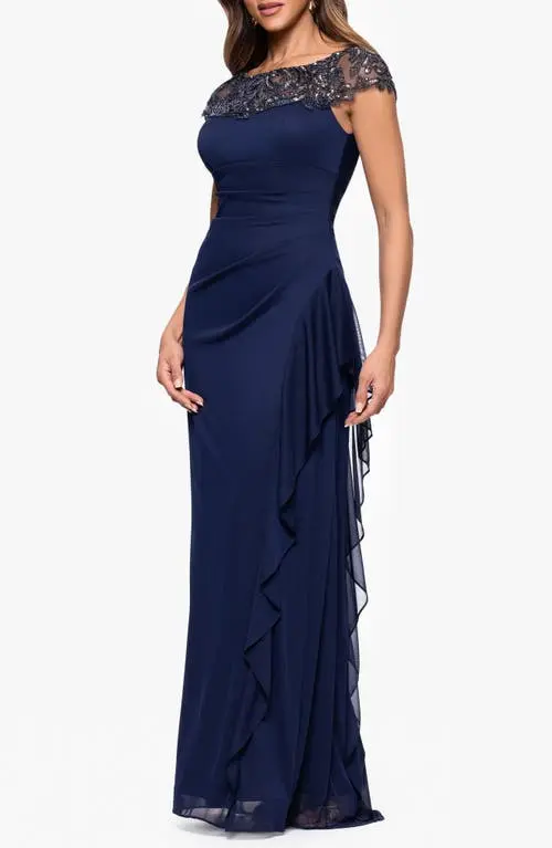 XSCAPE EVENINGS Embellished Illusion Yoke Column Gown