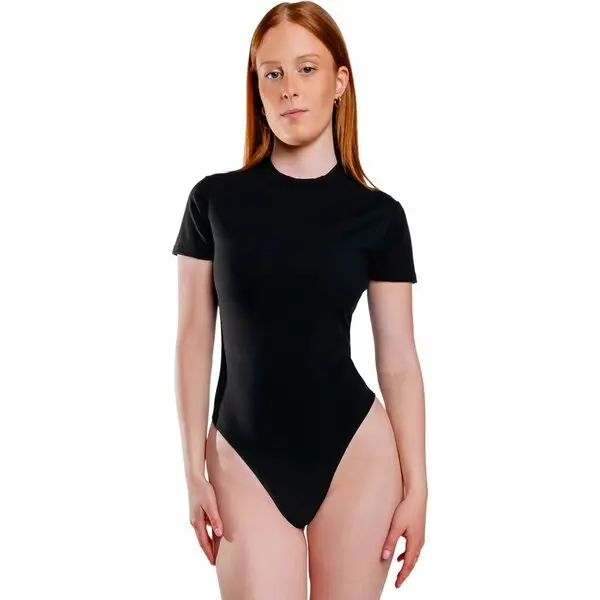 CHEEKY CHERRY Leakproof Short Sleeve T-shirt Thong Bodysuit With Liner - Onyx