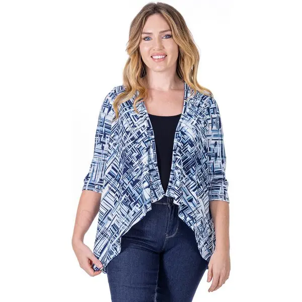 24SEVEN COMFORT APPAREL Petites Printed Elbow Length Sleeve Open Cardigan - Blue Multi