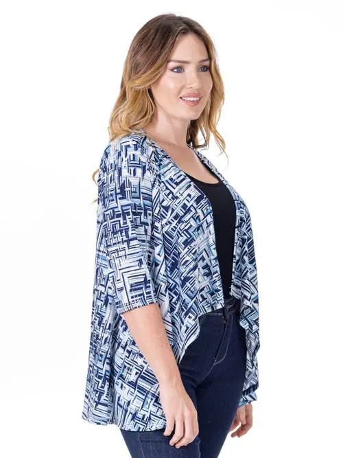 24SEVEN COMFORT APPAREL Petites Printed Elbow Length Sleeve Open Cardigan - Blue Multi