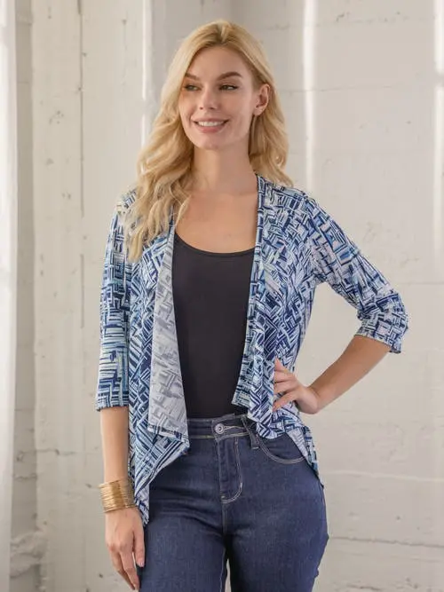 24SEVEN COMFORT APPAREL Petites Printed Elbow Length Sleeve Open Cardigan - Blue Multi