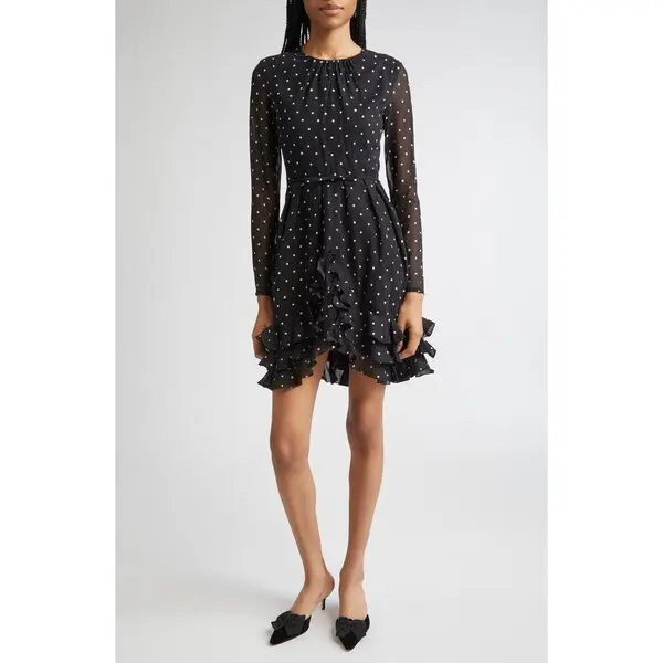 Giambattista Valli Polka Dot Ruffle Hem Long Sleeve Silk Dress