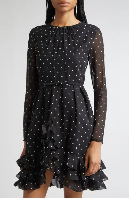 Giambattista Valli Polka Dot Ruffle Hem Long Sleeve Silk Dress