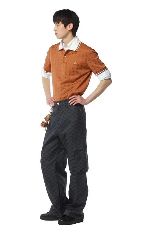 Mcm Piqué Polo In Monogram Jacquard - Brown