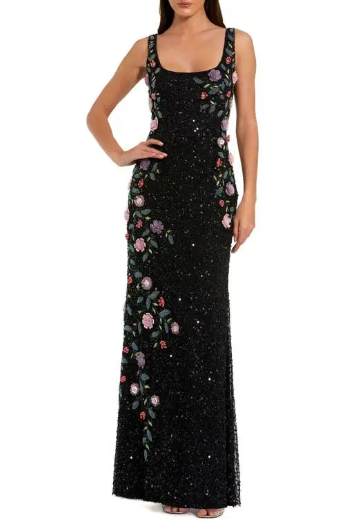 Mac Duggal Embellished Mesh Gown With Floral Beading - Black Multi
