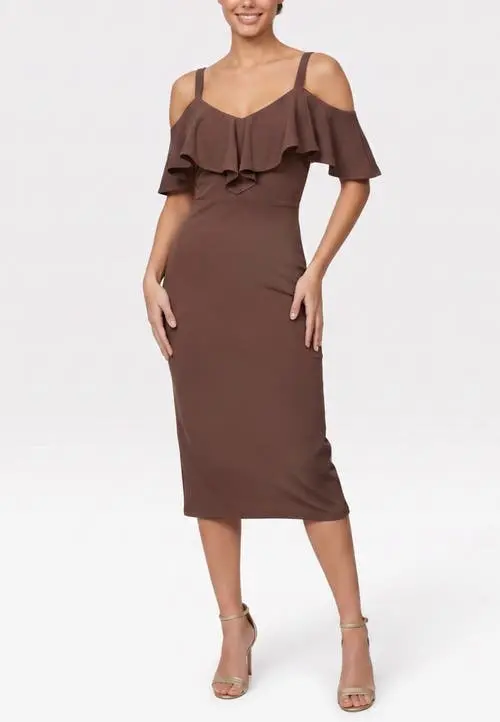 Rachel Rachel Roy Marcella Off The Shoulder Ruffle Midi Dress - Mocha