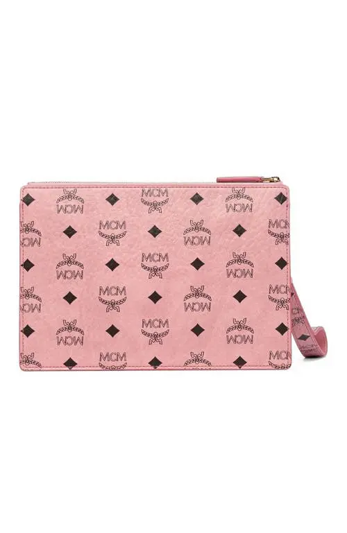 Mcm Wristlet Standing Pouch With Chain Strap - Pink