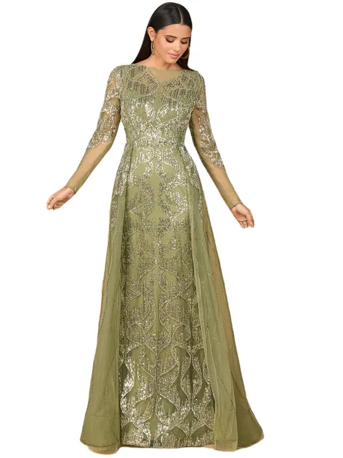 LARA NEW YORK Long Sleeve Lace Gown With Overskirt And High Neck - Olive