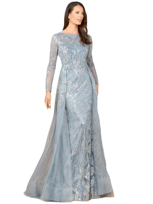 LARA NEW YORK Long Sleeve Lace Gown With Overskirt And High Neck - Slate