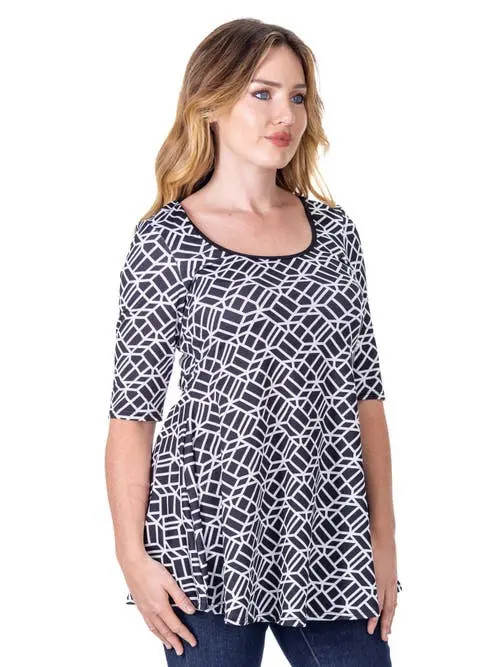 24SEVEN COMFORT APPAREL Geometric Print Elbow Sleeve Tunic Top - Black Multi