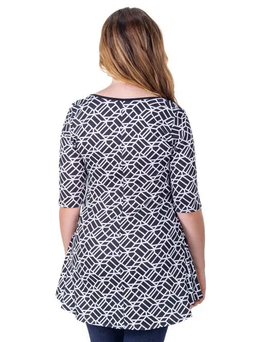 24SEVEN COMFORT APPAREL Geometric Print Elbow Sleeve Tunic Top - Black Multi