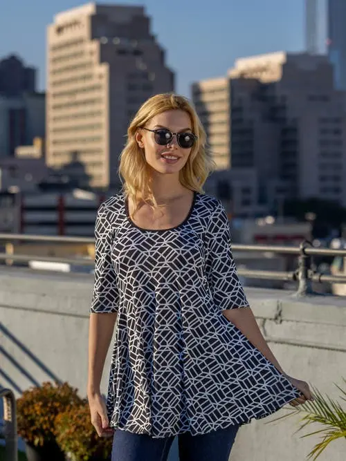 24SEVEN COMFORT APPAREL Geometric Print Elbow Sleeve Tunic Top - Black Multi