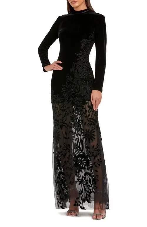 Mac Duggal Long Sleeve Sheer Floral Embroidered Velvet Gown - Black