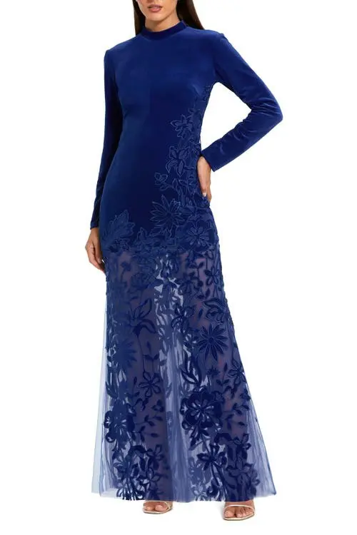 Mac Duggal Long Sleeve Sheer Floral Embroidered Velvet Gown - Cobalt