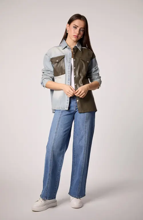 BLUE REVIVAL Denim And Faux Leather Shacket - Ora/olive
